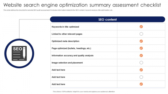 Website Search Engine Optimization Summary Assessment Checklist Designs