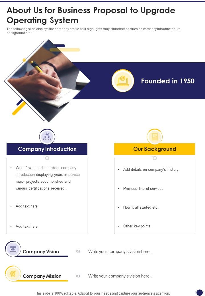 About Us For Business Proposal To Upgrade Operating System One Pager Sample