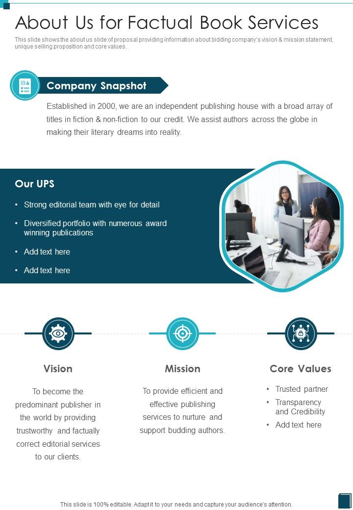 About Us For Factual Book Services One Pager Sample Example Document