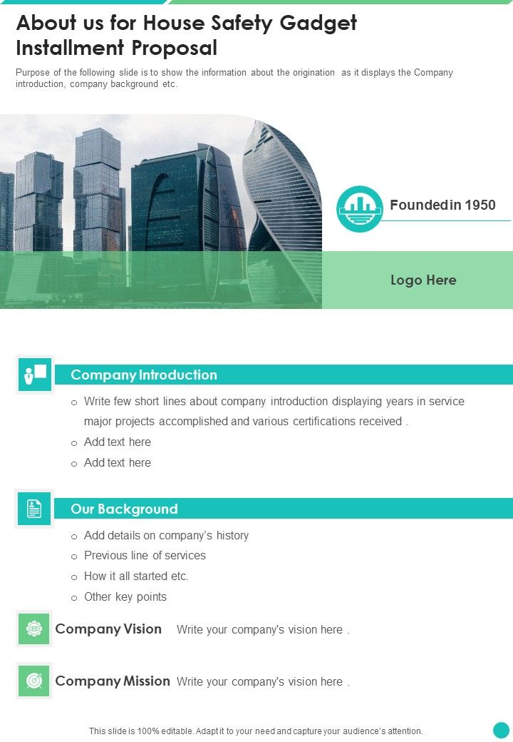 About Us For House Safety Gadget Installment Proposal One Pager Sample 