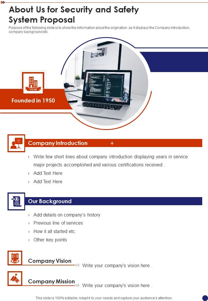 About Us For Security And Safety System Proposal One Pager Sample Example Document