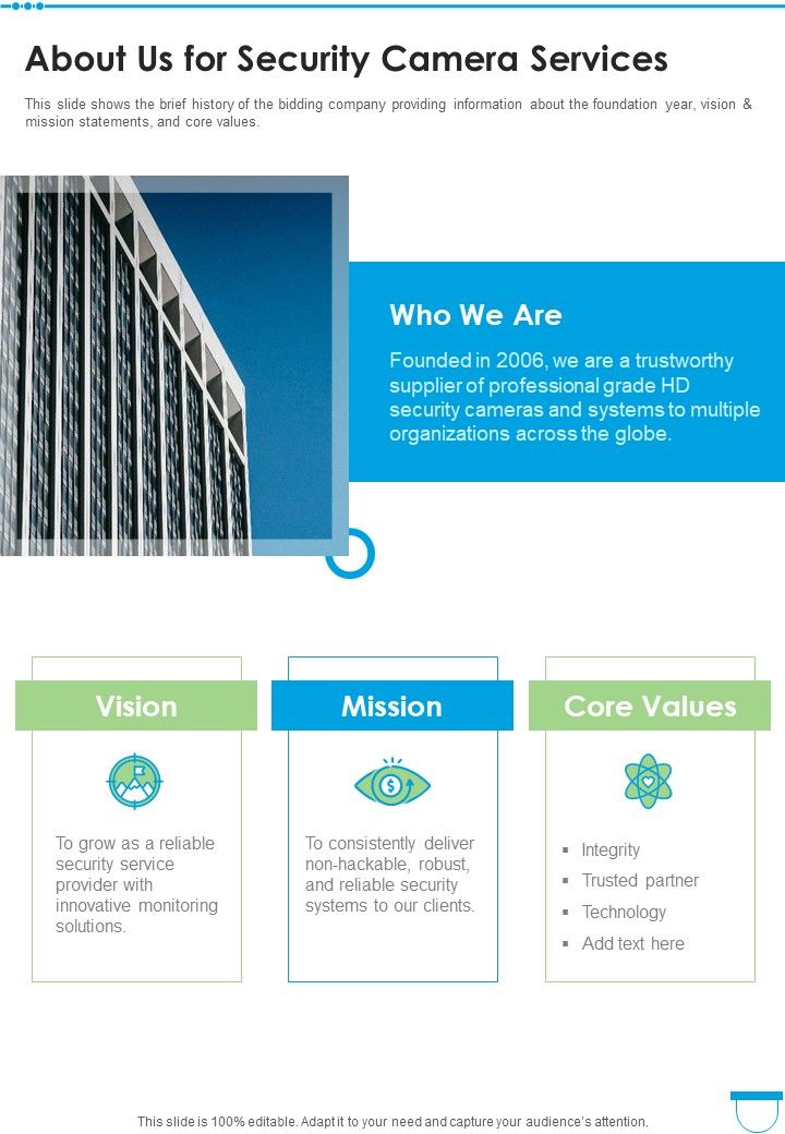 About Us For Security Camera Services One Pager Sample Example Document