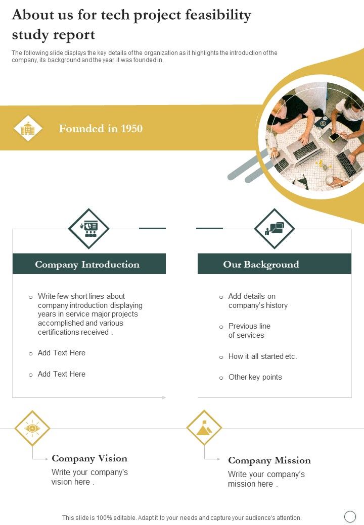 About Us For Tech Project Feasibility Study Report One Pager Sample Example
