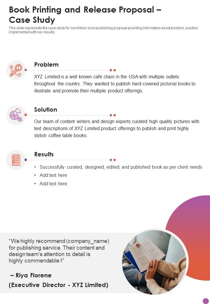 Book Printing And Release Proposal Case Study One Pager Sample Example Document