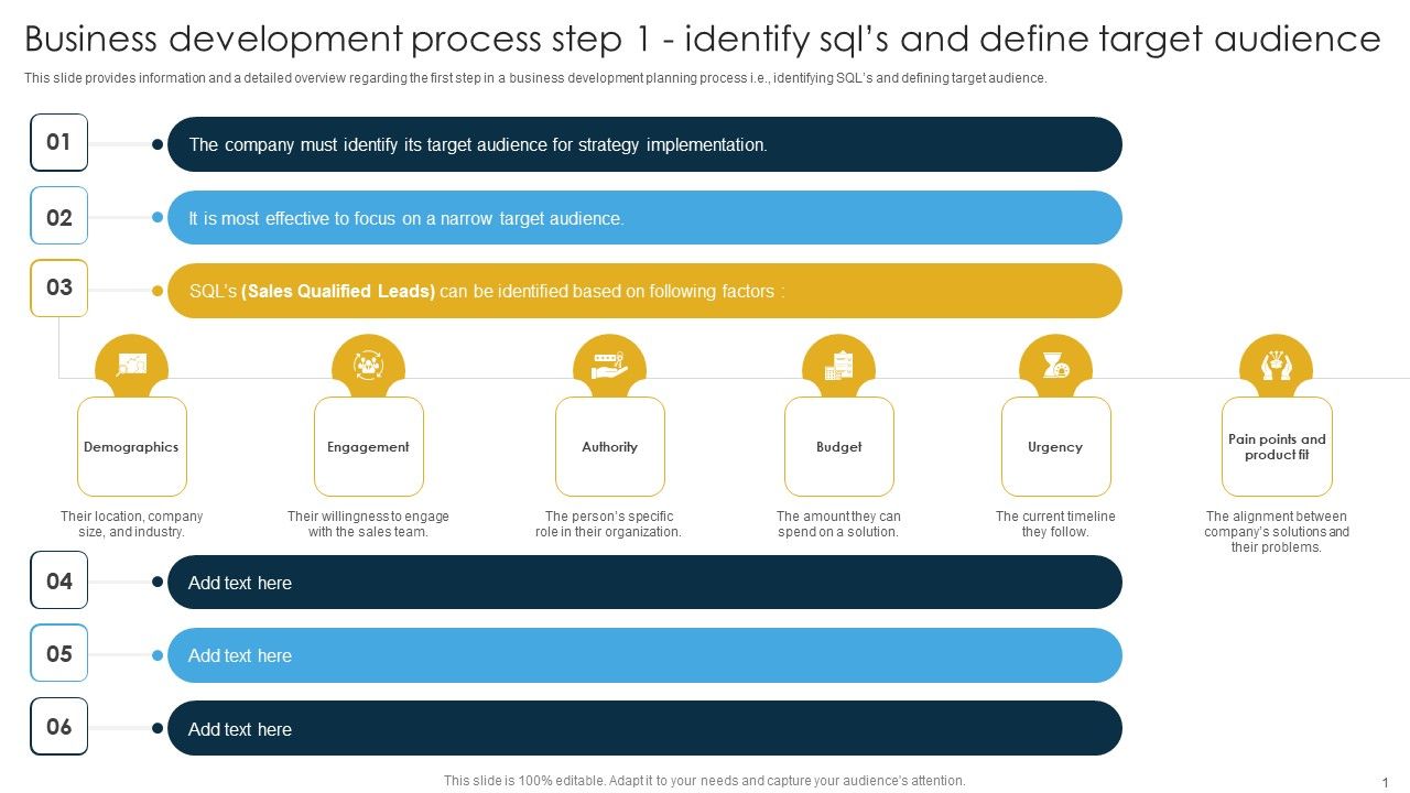 Business Development Process Step 1 Identify Sqls And Define Target Audience Ppt Powerpoint 