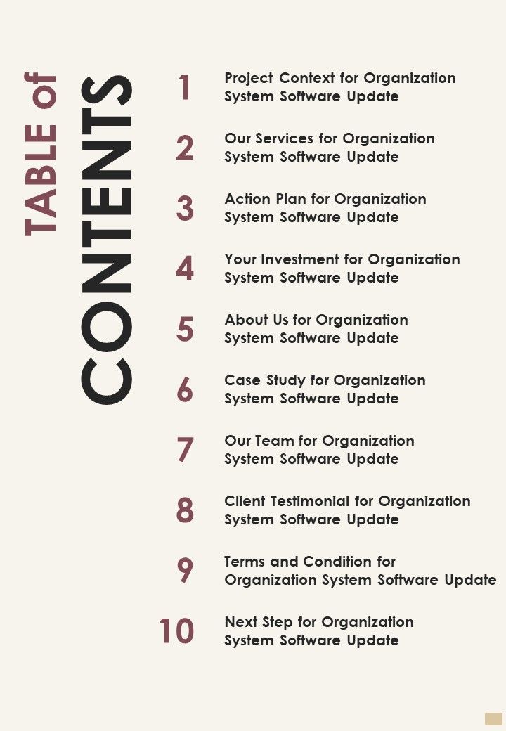 Business System Software Upgrade Proposal Table Of Contents One Pager Sampl
