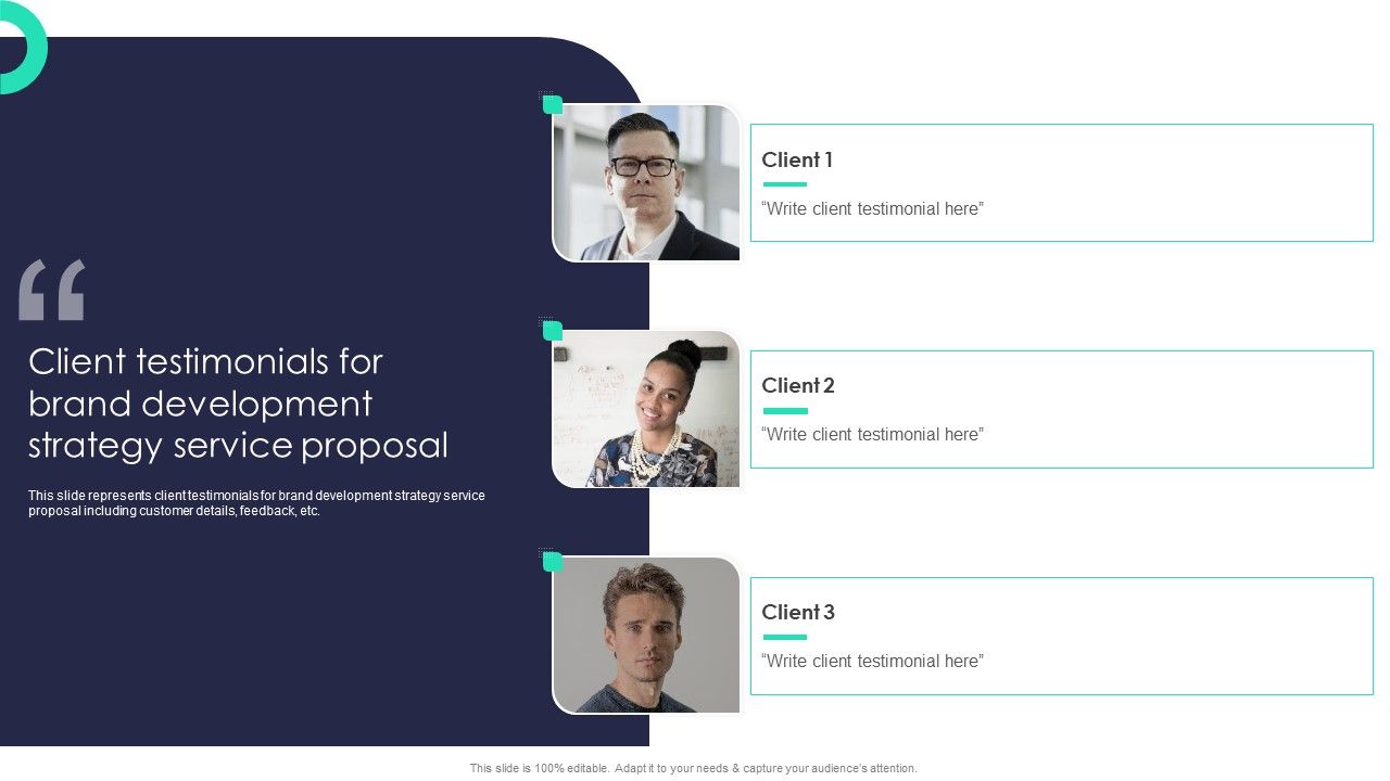 Client Testimonials For Brand Development Strategy Service Proposal Graphic
