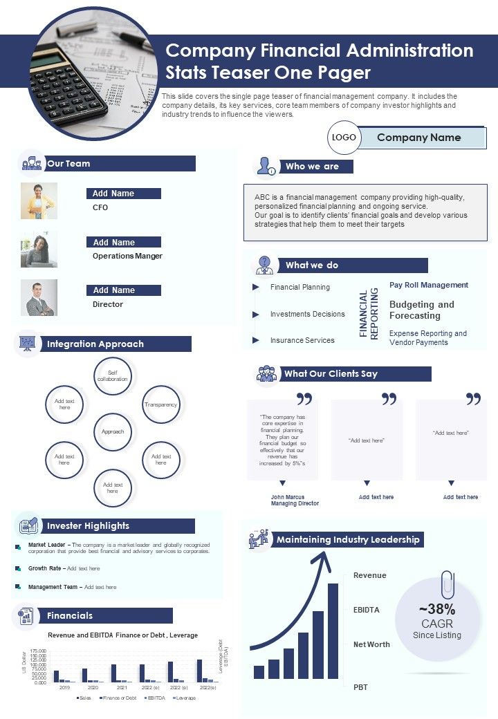 Company Financial Administration Stats Teaser One Pager Pdf Document