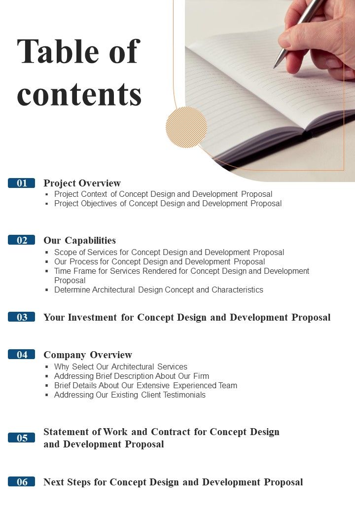Concept Design And Development Proposal Table Of Contents One Pager Sample