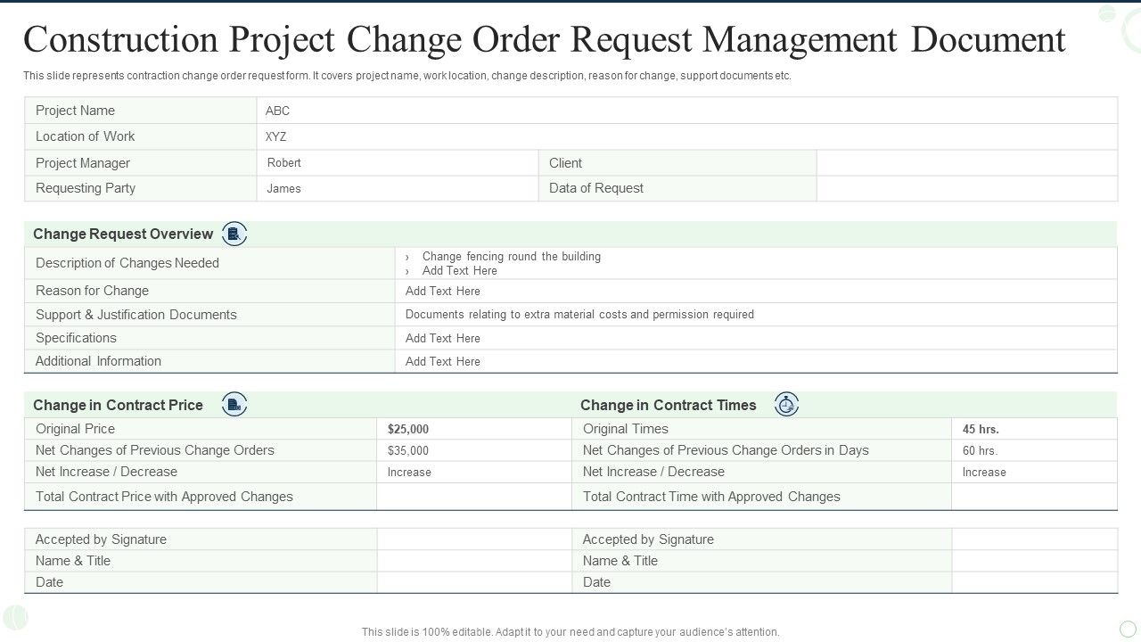 Construction Project Change Order Request Management Document Microsoft PDF