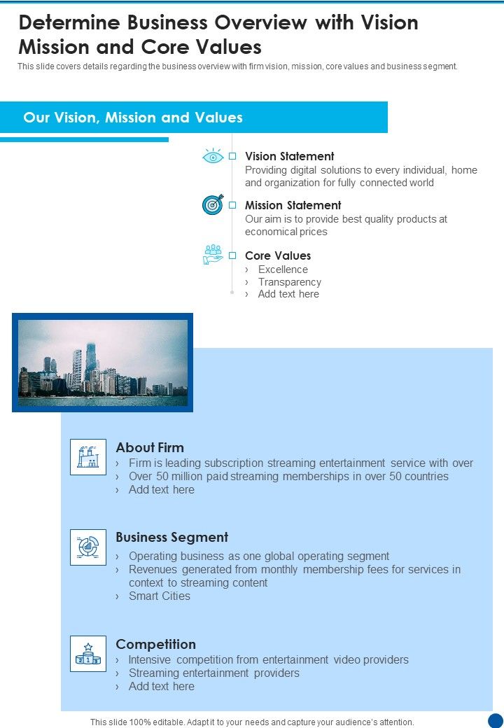 Determine Business Overview With Vision Mission And Core Values Template 15