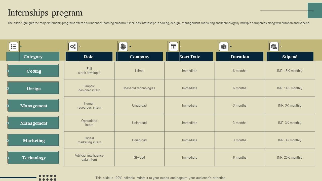 E Learning Platform Company Outline Internships Program Information PDF