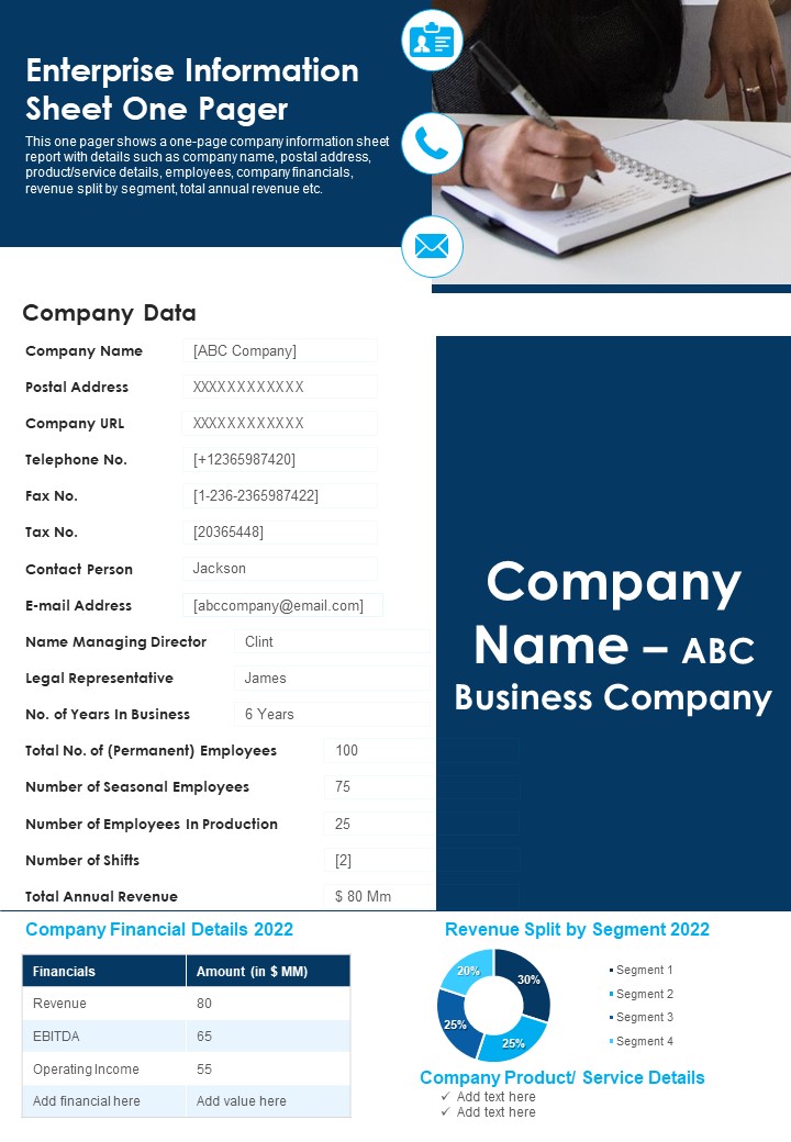Enterprise Information Sheet One Pager PDF Document PPT Template