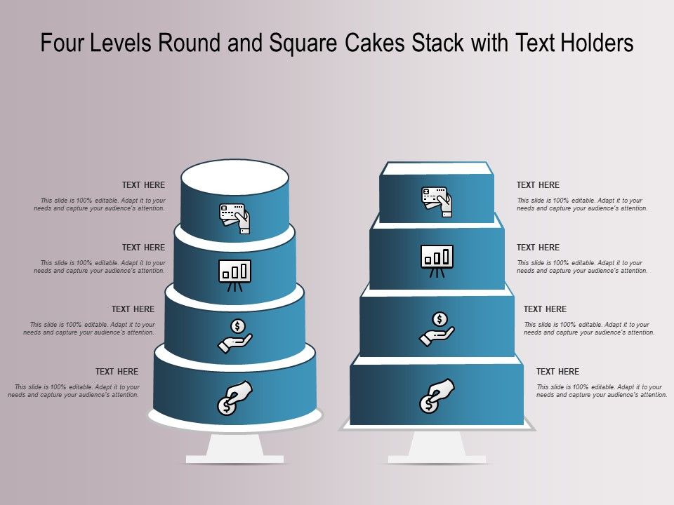 Four Levels Round And Square Cakes Stack With Text Holders Ppt PowerPoint Presentation ...