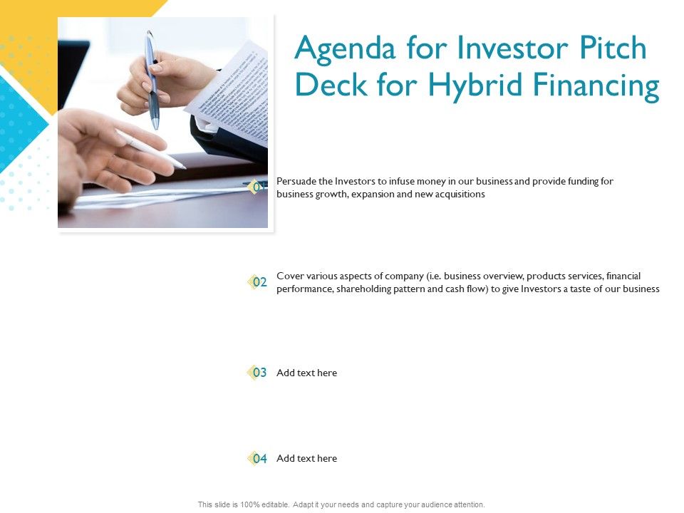 Investor Funding Deck For Hybrid Financing Agenda For Investor Pitch ... Investor Funding Deck For Hybrid Financing Agenda For Investor Pitch ...