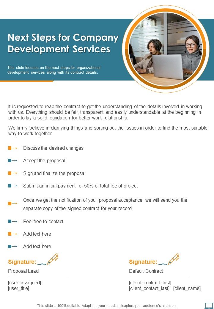 Next Steps For Company Development Services One Pager Sample Example Document