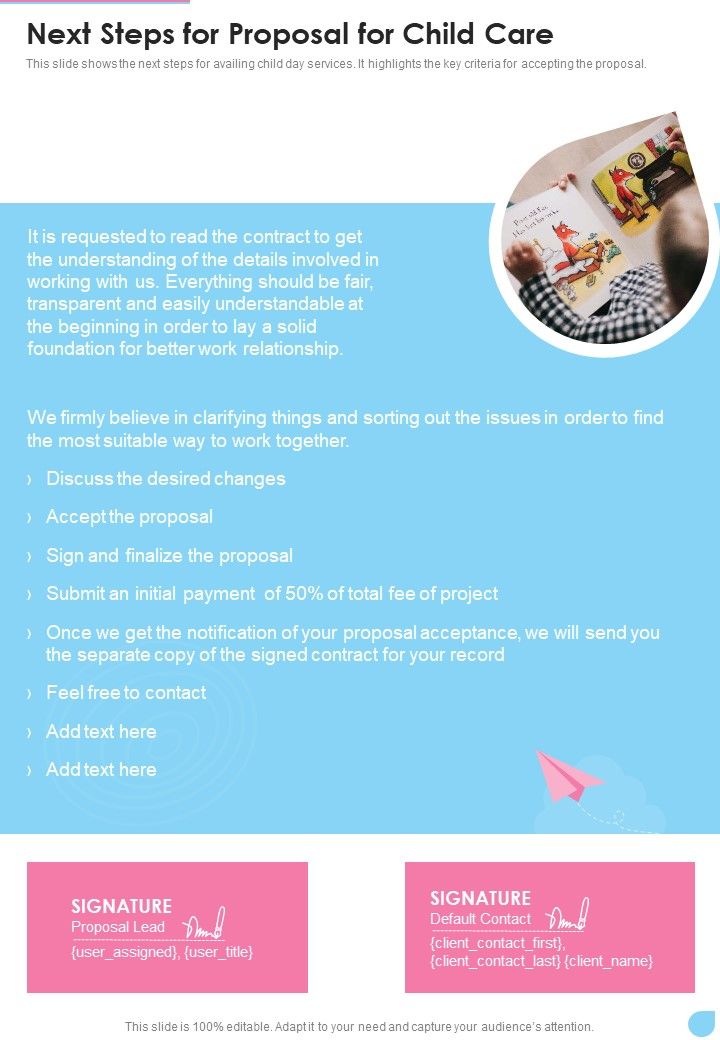 Next Steps For Proposal For Child Care One Pager Sample Example Document