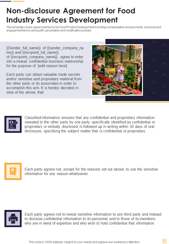 Non Disclosure Agreement For Food Industry Services Development One Pager S