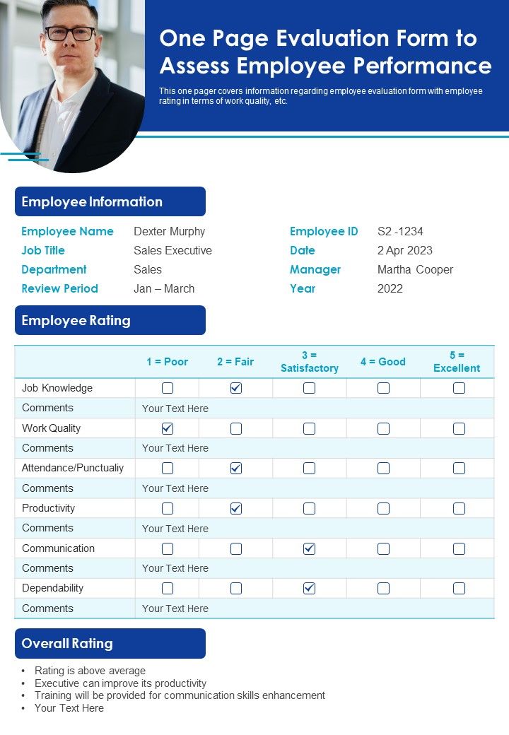One Page Evaluation Form To Assess Employee Performance PDF Document PPT Te