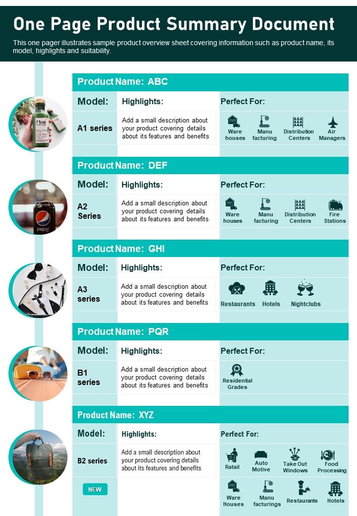 One Page Product Summary Document PDF Document PPT Template