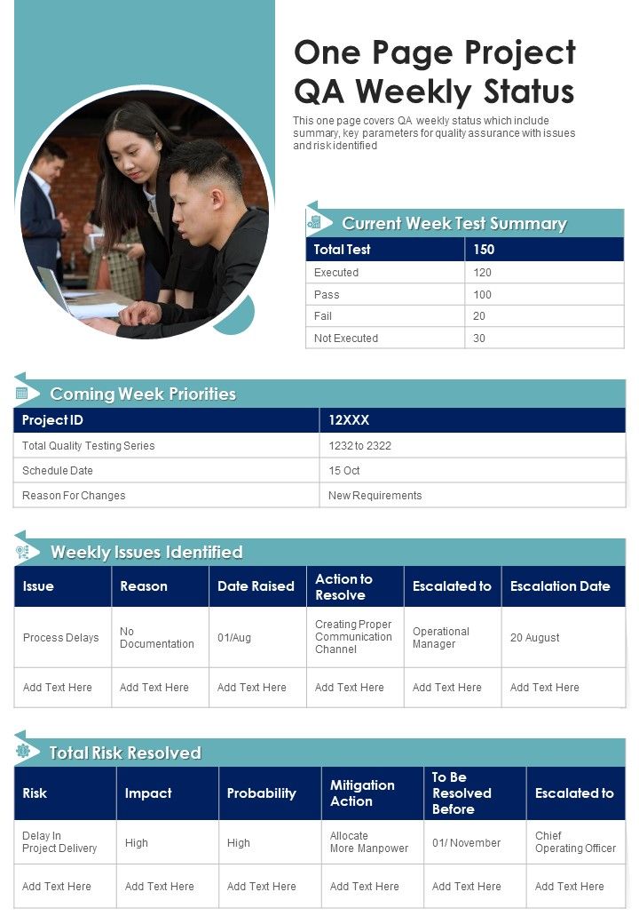 One Page Project QA Weekly Status PDF Document PPT Template