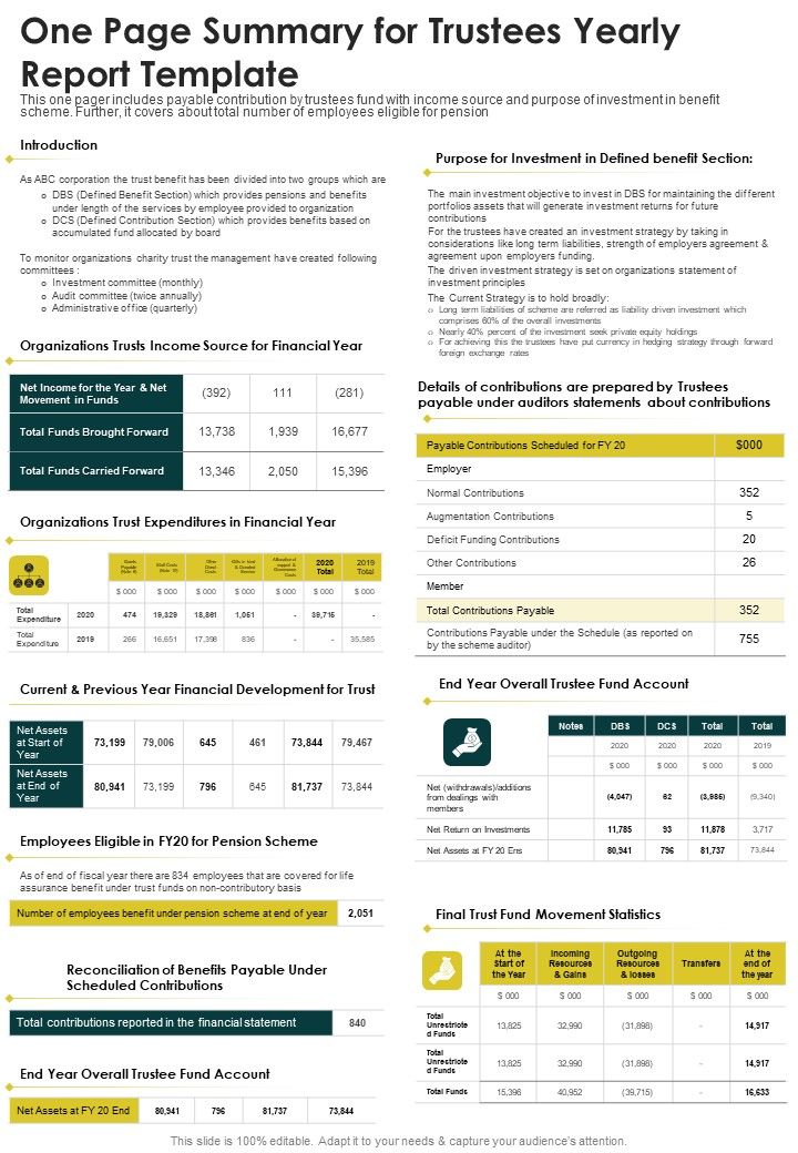 One Page Summary For Trustees Yearly Report Template One Pager Documents