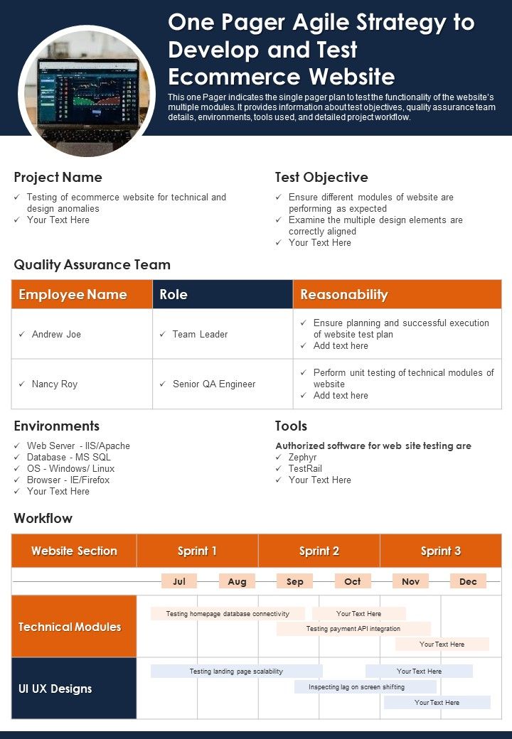 One Pager Agile Strategy To Develop And Test Ecommerce Website Pdf Document