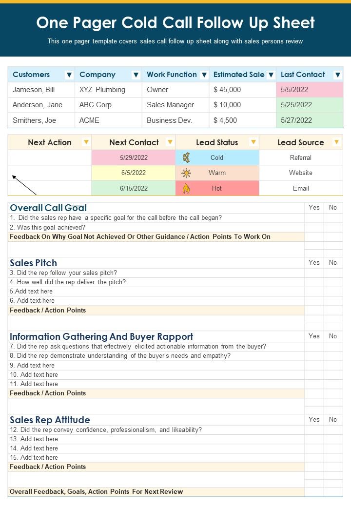 One Pager Cold Call Follow Up Sheet PDF Document PPT Template One Pager Cold Call Follow Up Sheet PDF Document PPT Template
