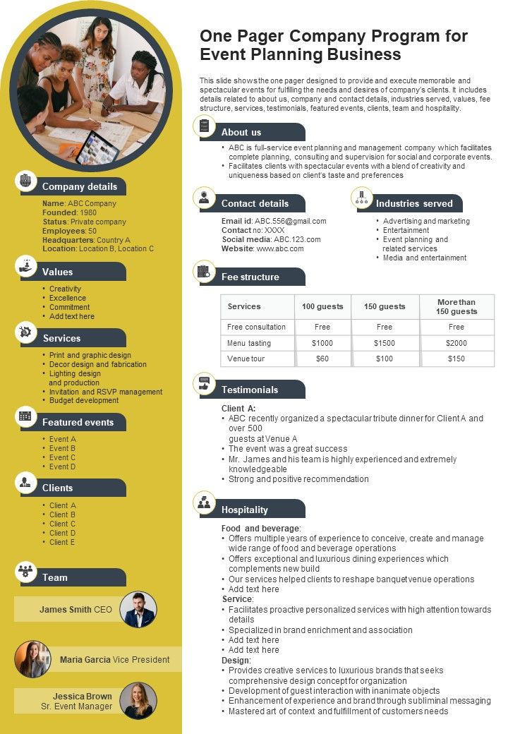 One Pager Company Program For Event Planning Business PDF Document PPT Temp