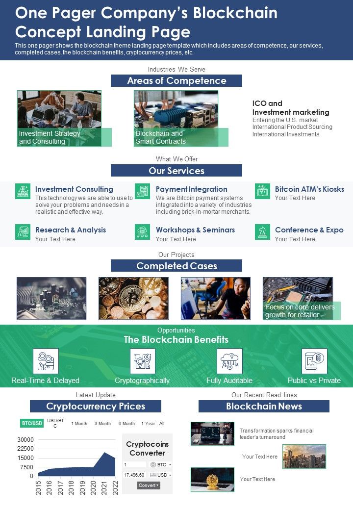 One Pager Companys Blockchain Concept Landing Page PDF Document PPT Templat