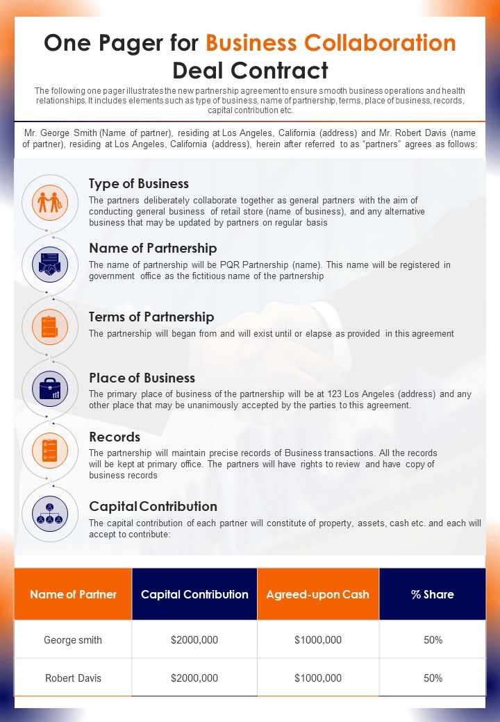 One Pager For Business Collaboration Deal Contract PDF Document PPT ...