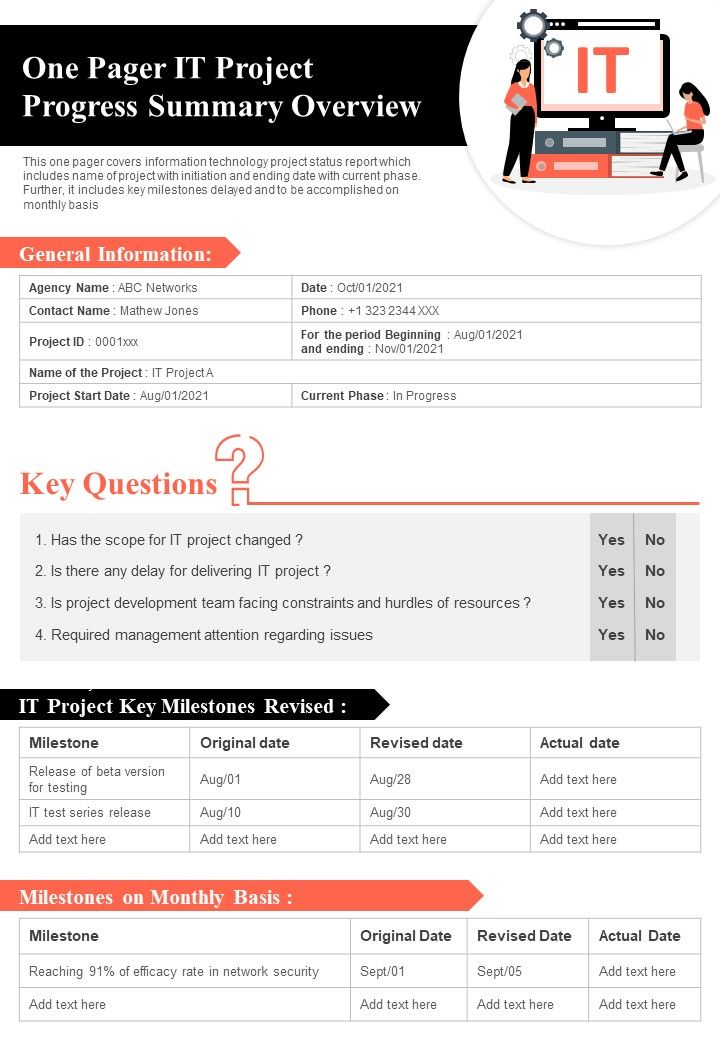 One Pager IT Project Progress Summary Overview PDF Document PPT Template