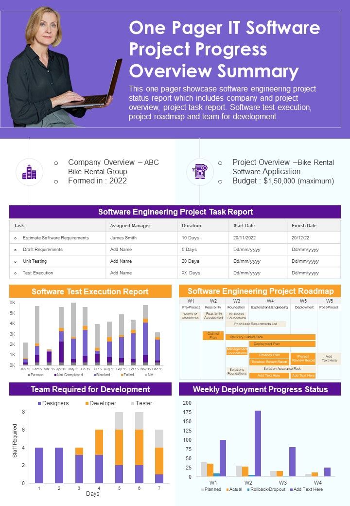 One Pager IT Software Project Progress Overview Summary PDF Document PPT Te
