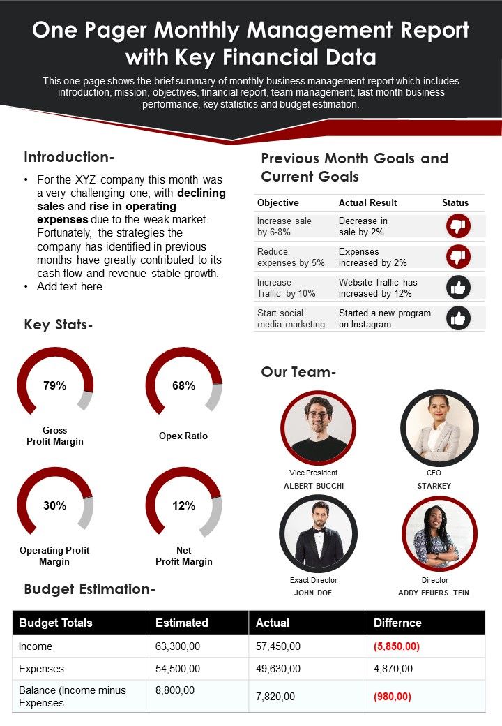 One Pager Monthly Management Report With Key Financial Data PDF Document PPT Template