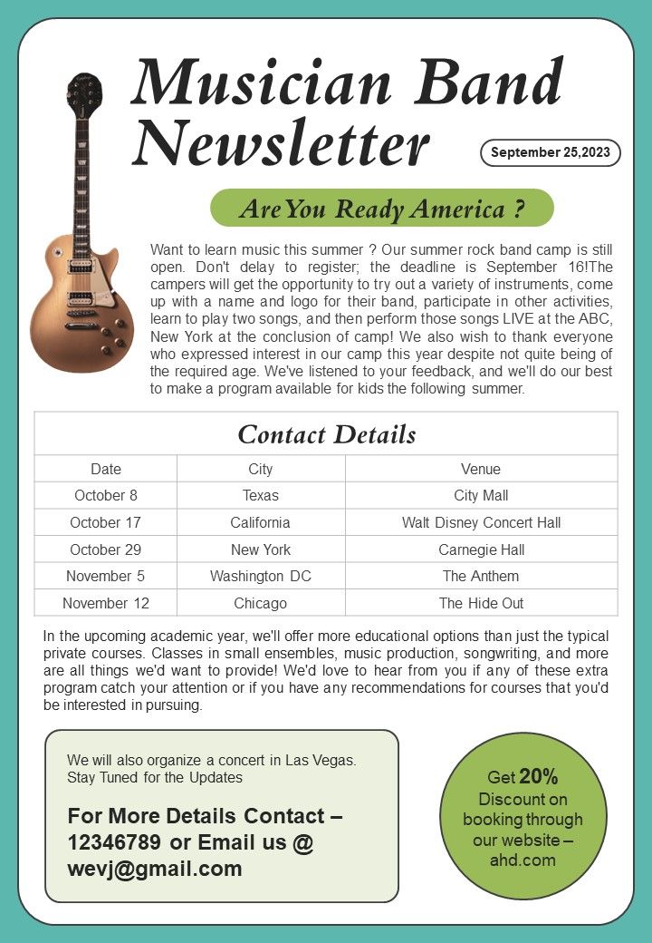 One Pager Music Festival Newsletter Pdf Document Ppt Template