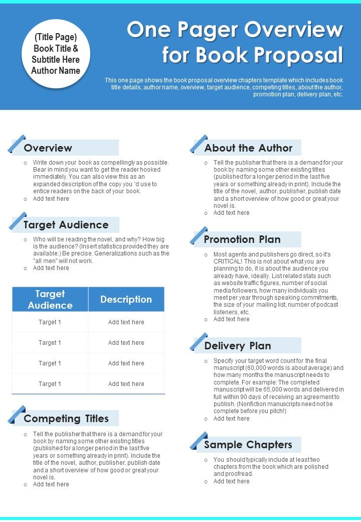 One Pager Overview For Book Proposal PDF Document PPT Template
