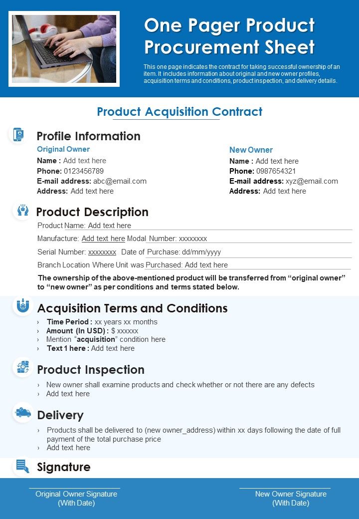 One Pager Product Procurement Sheet PDF Document PPT Template