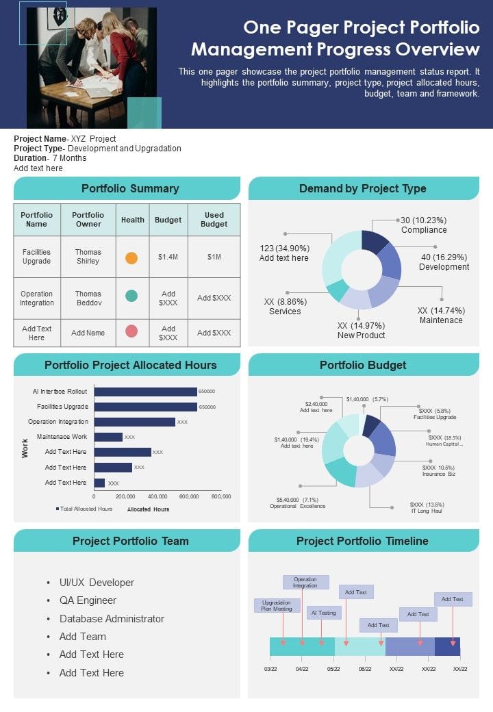 One Pager Project Portfolio Management Progress Overview PDF Document PPT Template