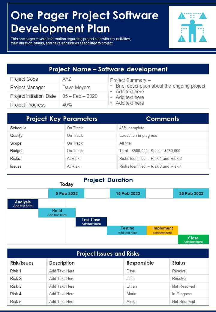 One Pager Project Software Development Plan PDF Document PPT Template
