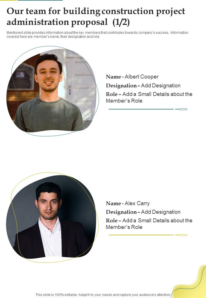 Our Team For Building Construction Project Administration Proposal One Page