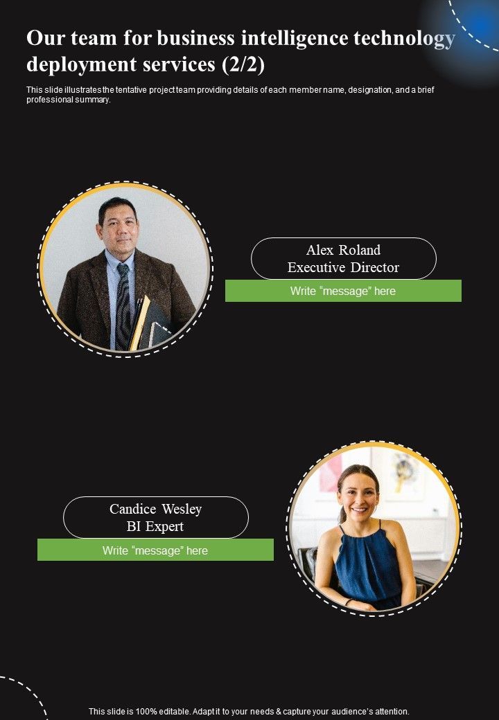 Our Team For Business Intelligence Technology Deployment Services One Pager Sample Example Document