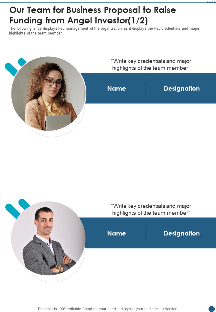Our Team For Business Proposal To Raise Funding From Angel Investor One Pag