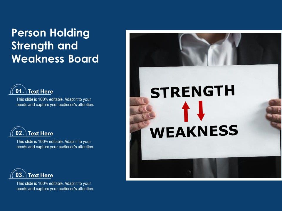 Person Holding Strength And Weakness Board Ppt PowerPoint Presentation File Backgrounds PDF