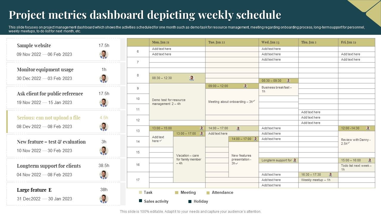 Project Metrics Dashboard Depicting Weekly Schedule Graphics PDF