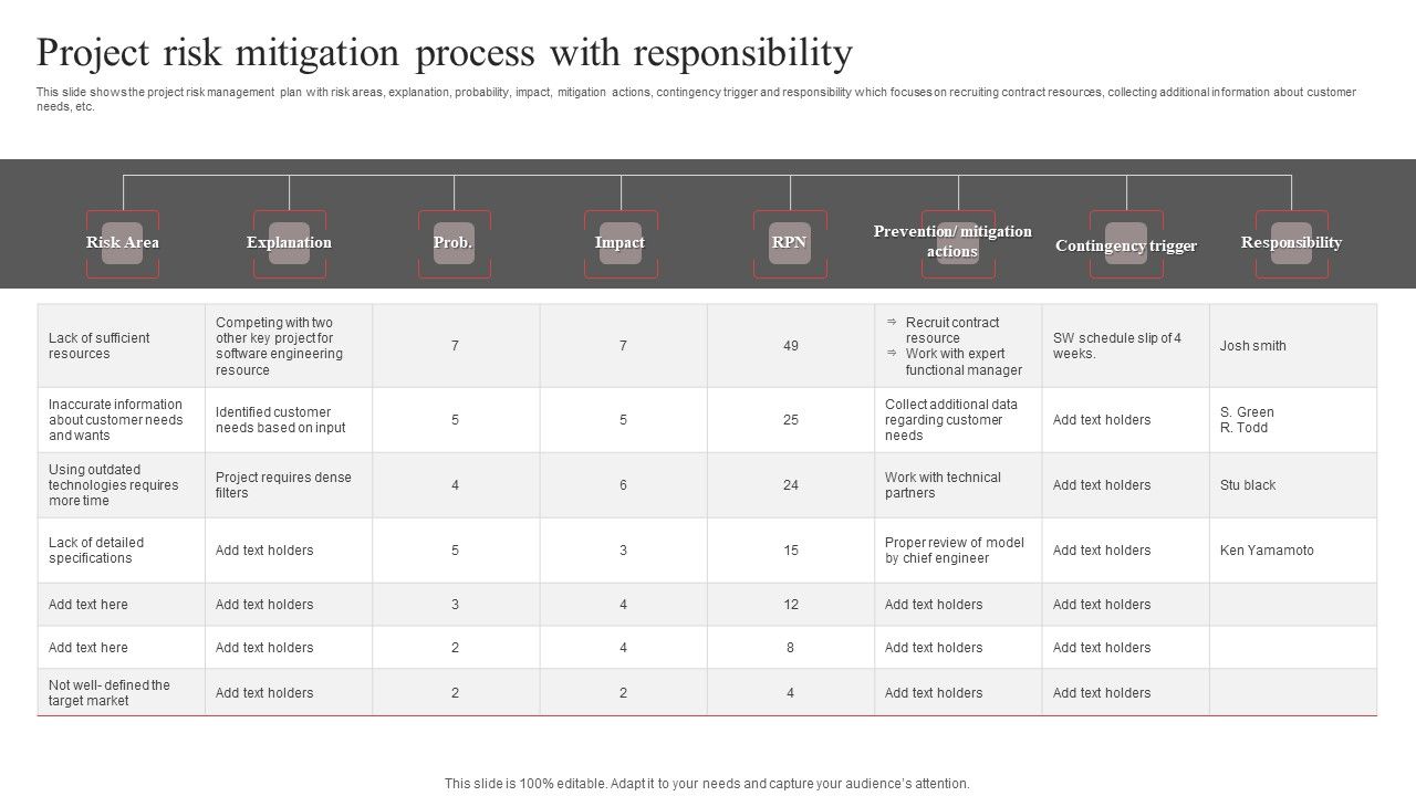Project Risk Mitigation Process With Responsibility Ppt PowerPoint Presentation File Portfolio PDF