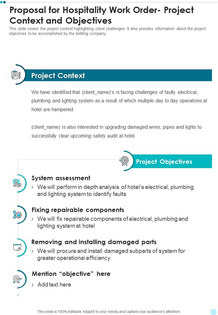 Proposal For Hospitality Work Order Project Context And Objectives One Pager Sample Example Document