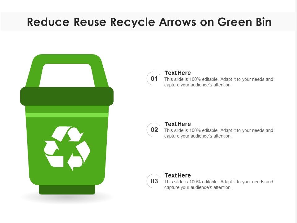 Reduce Reuse Recycle Arrows On Green Bin Ppt PowerPoint Presentation Diagrams PDF