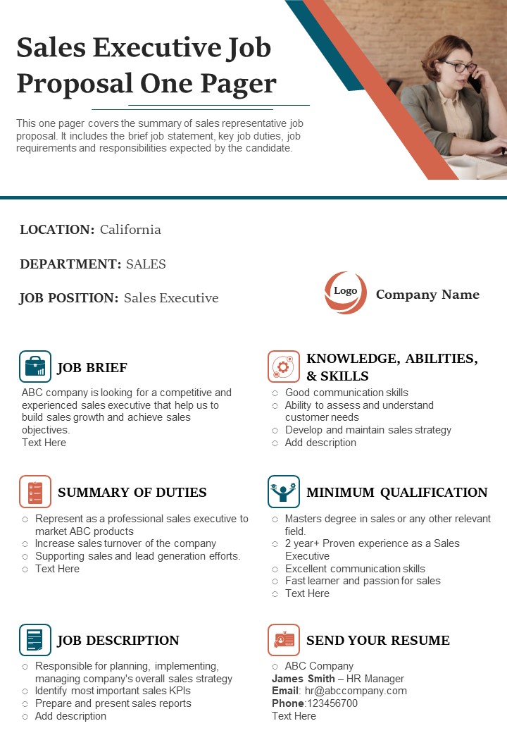 Sales Executive Job Proposal One Pager PDF Document PPT Template