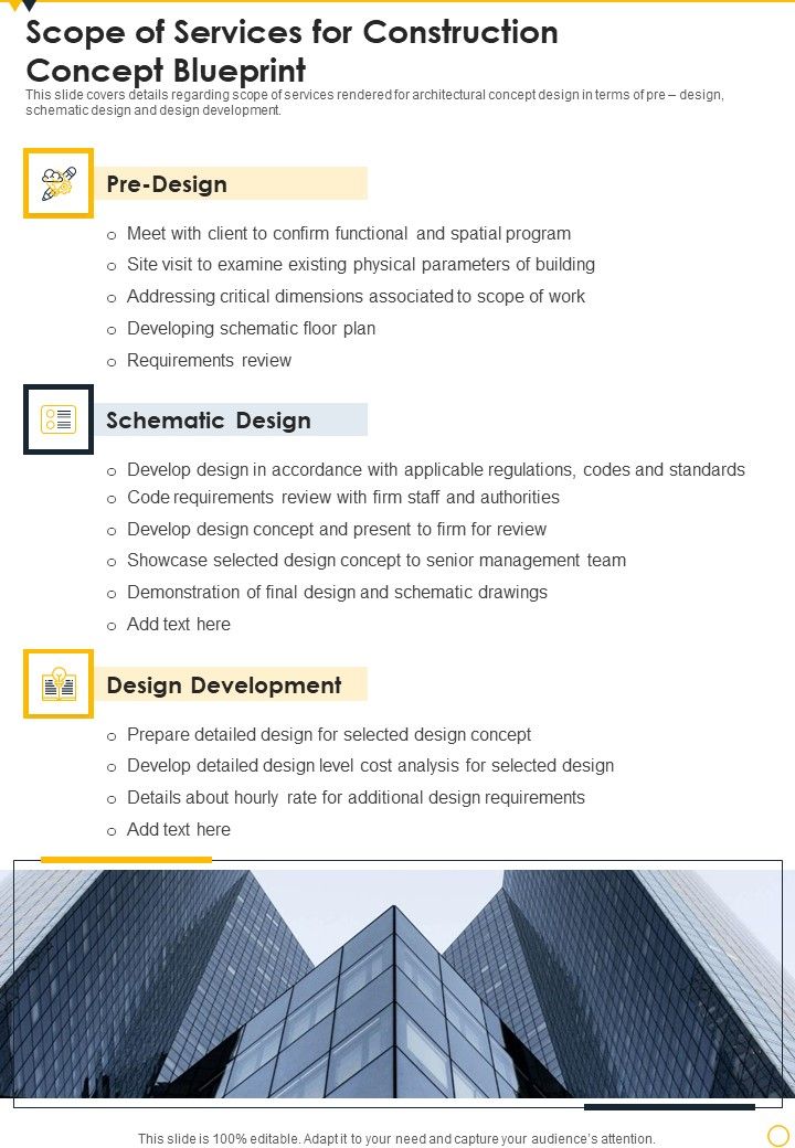 Scope Of Services For Construction Concept Blueprint One Pager Sample Examp