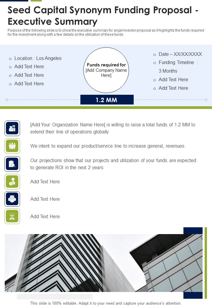 Seed Capital Synonym Funding Proposal Executive Summary One Pager Sample Example Document